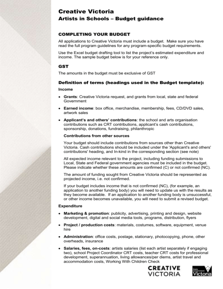Artists In Schools Budget Guidance Artists In Schools Budget Guidance