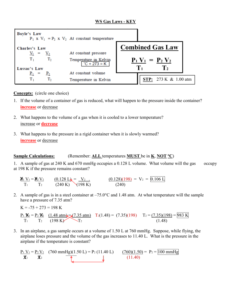 Gas Laws WS Answer Key Gas Laws WS Answer Key