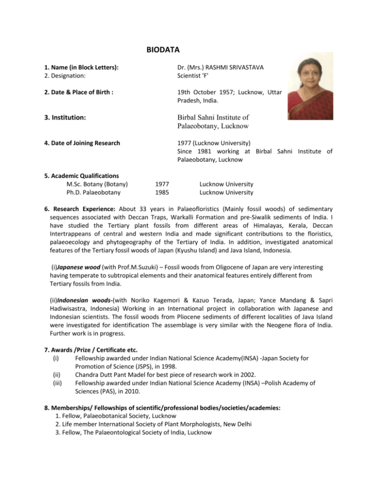 BIODATA 1 Name in Block Letters Dr Mrs RASHMI