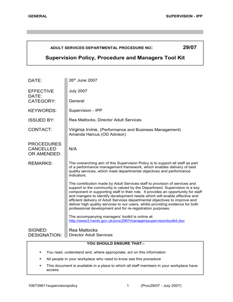 29 07 Supervision Policy Procedure And Managers Toolkit 163kb