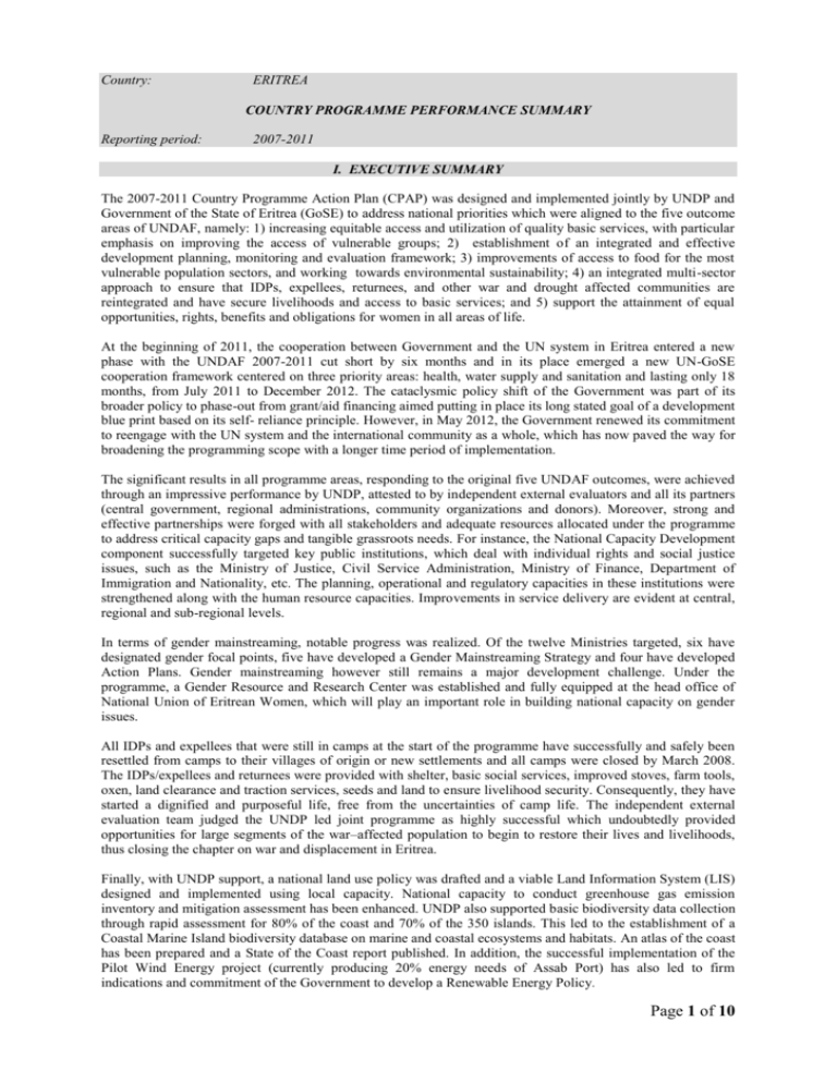 2011 Country Programme Performance Summary