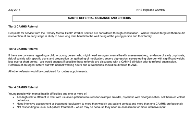 July 2015 NHS Highland CAMHS Tier 2 CAMHS Referral Requests