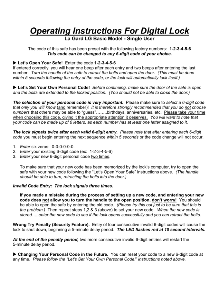 Operating Instructions For Electronic Locks