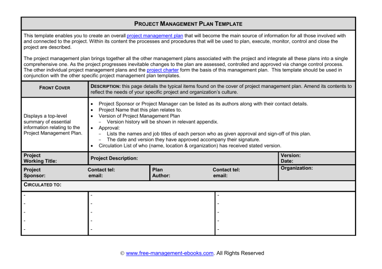 Project Management Plan Template This Template Enables You To