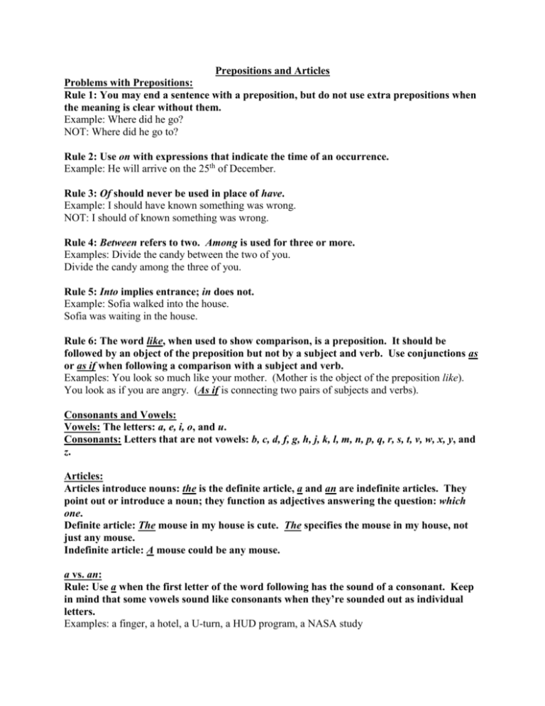 Prepositions And Articles Problems With Prepositions Rule 1 You