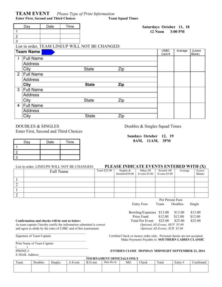 TEAM EVENT Please Type Of Print Information