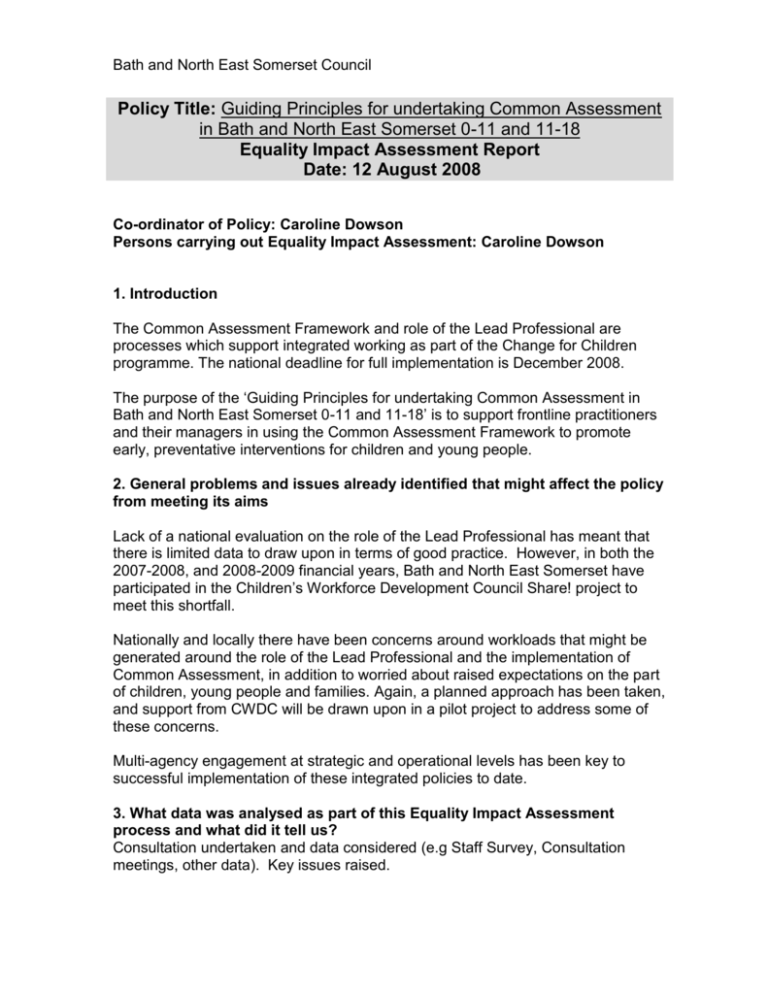 Common Assessment Framework Bath North East Somerset