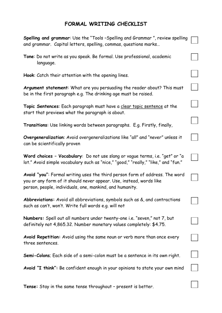 FORMAL WRITING CHECKLIST