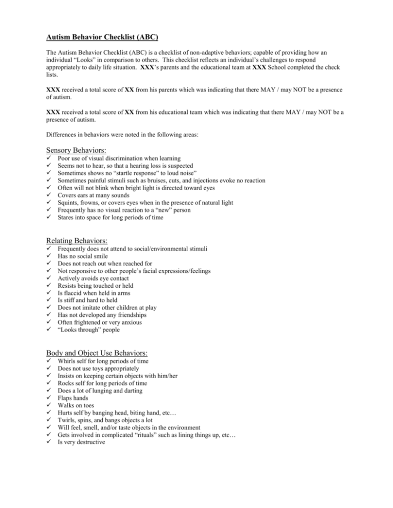 ABC Autism Behavior Checklist