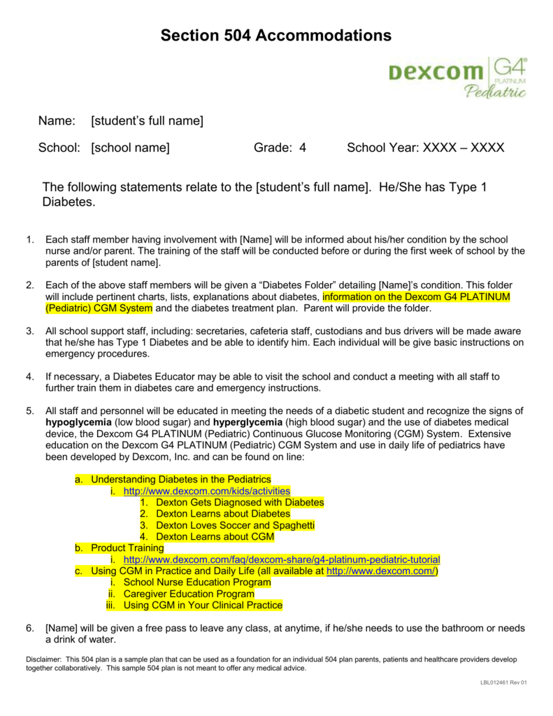 Sample 504 Plan For Type 1 Diabetes DiabetesWalls