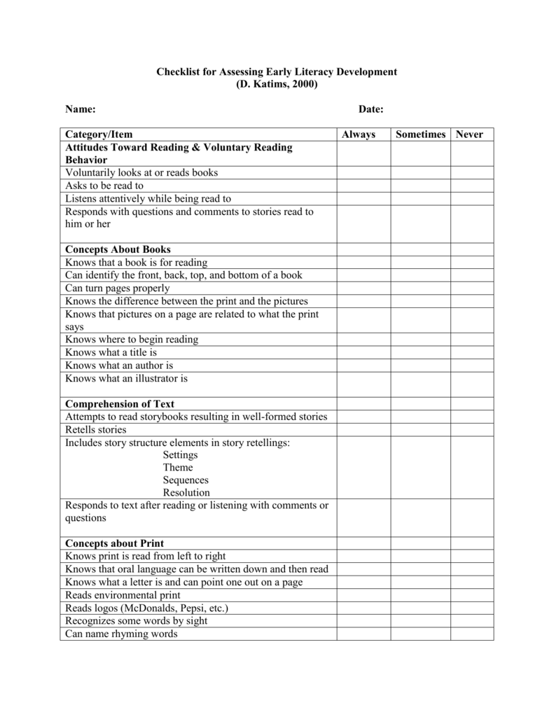 Checklist For Assessing Early Literacy Development Checklist For Assessing Early Literacy Development