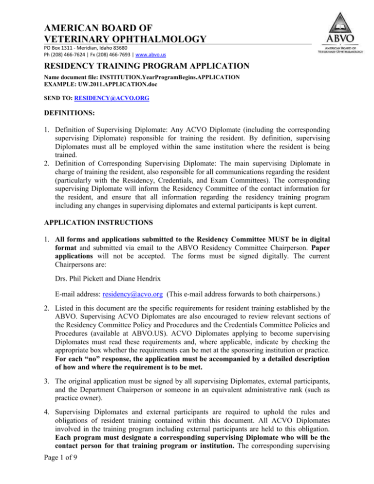 RESIDENCY TRAINING PROGRAM APPLICATION