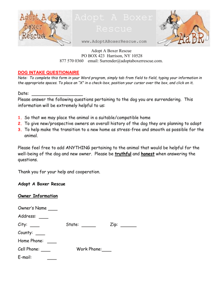 DOG INTAKE QUESTIONAIRRE