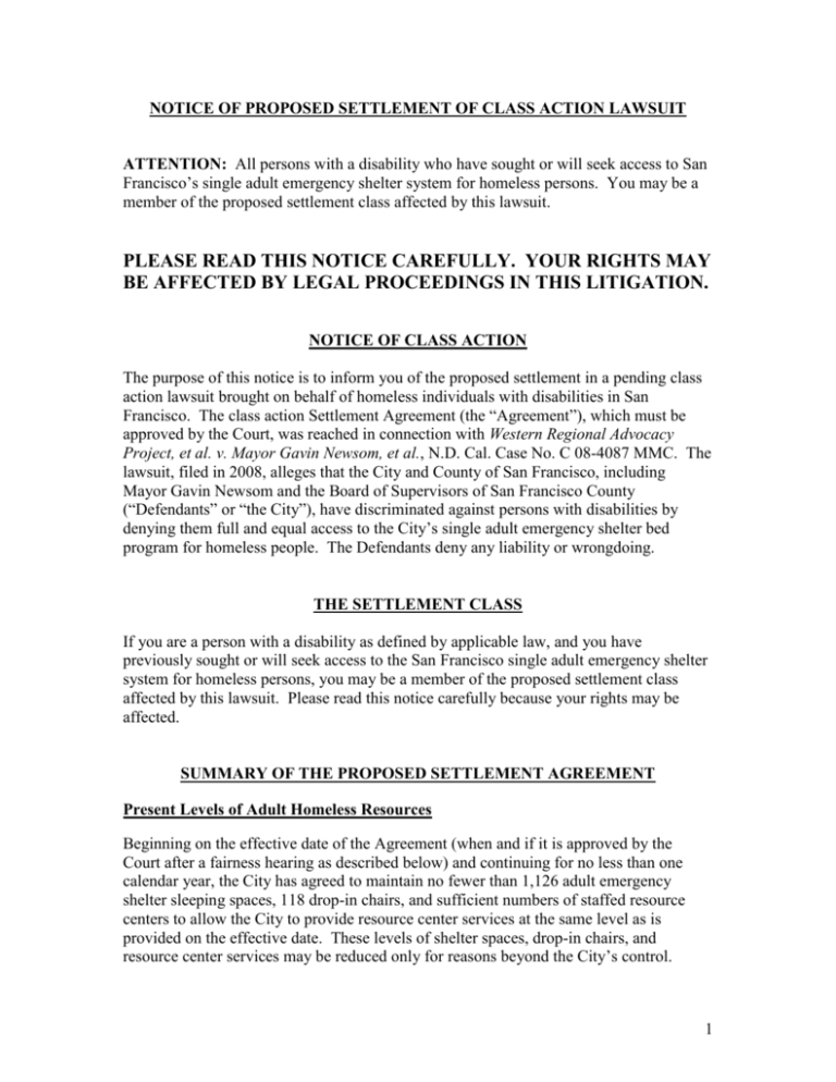 Notice Of Proposed Settlement Of Class Action Lawsuit