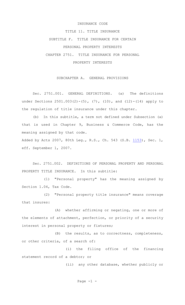 INSURANCE CODE TITLE 11 TITLE INSURANCE SUBTITLE F