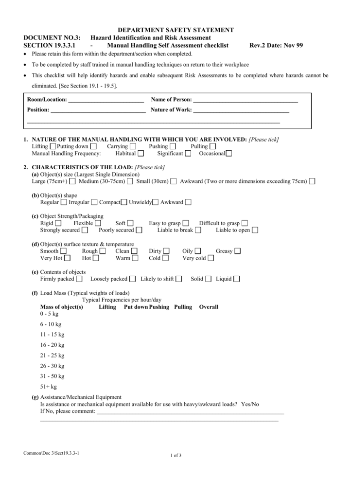 19 3 3 1 Manual Handling Self Assessment Checklist