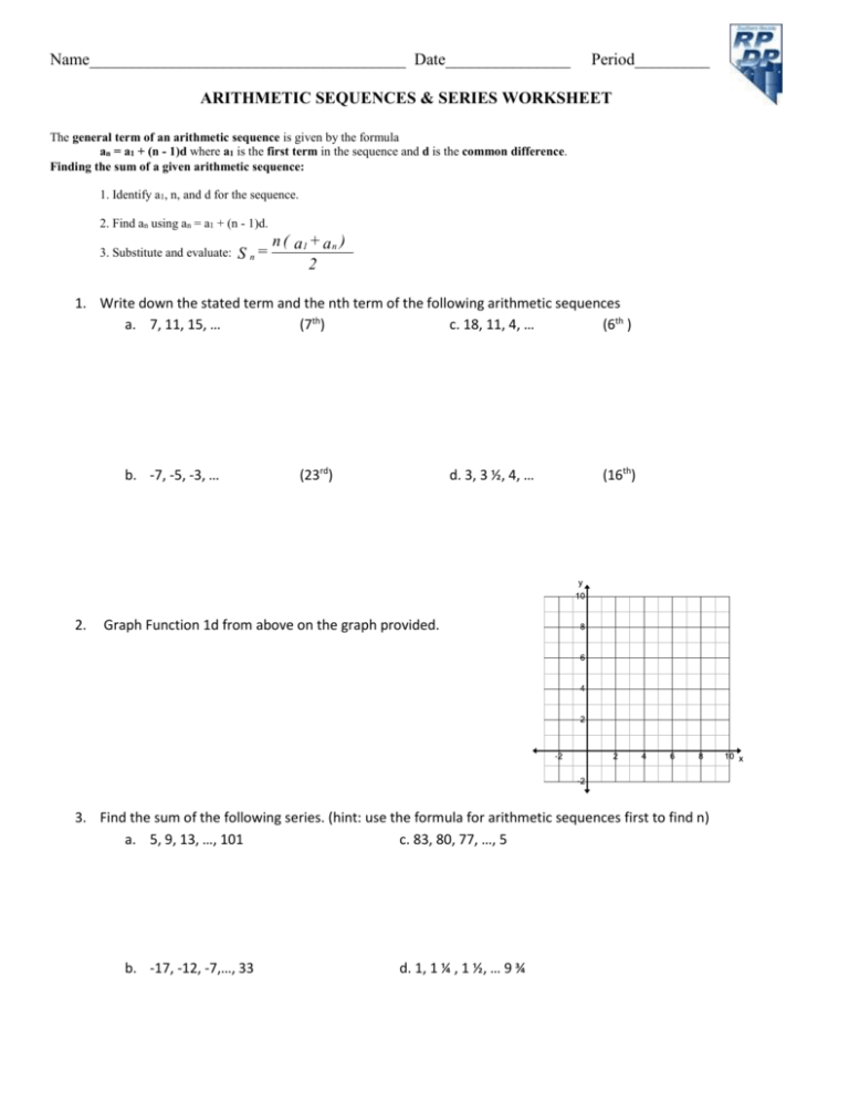 WORKSHEET Arithmetic Sequence Series Word Problems