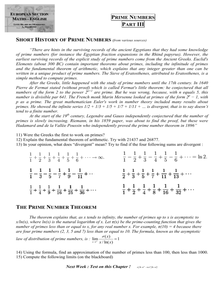 PRIME NUMBERS PART III THE PRIME NUMBER THEOREM PRIME NUMBERS PART III THE PRIME NUMBER THEOREM