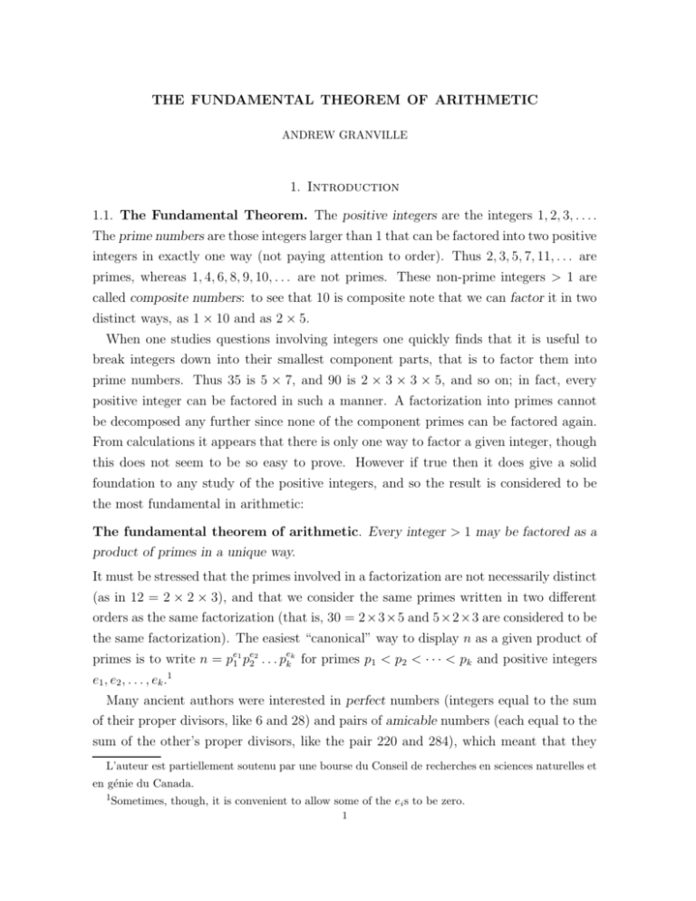 THE FUNDAMENTAL THEOREM OF ARITHMETIC 1 Introduction