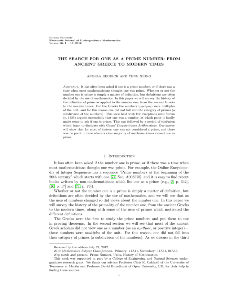 THE SEARCH FOR ONE AS A PRIME NUMBER THE SEARCH FOR ONE AS A PRIME NUMBER