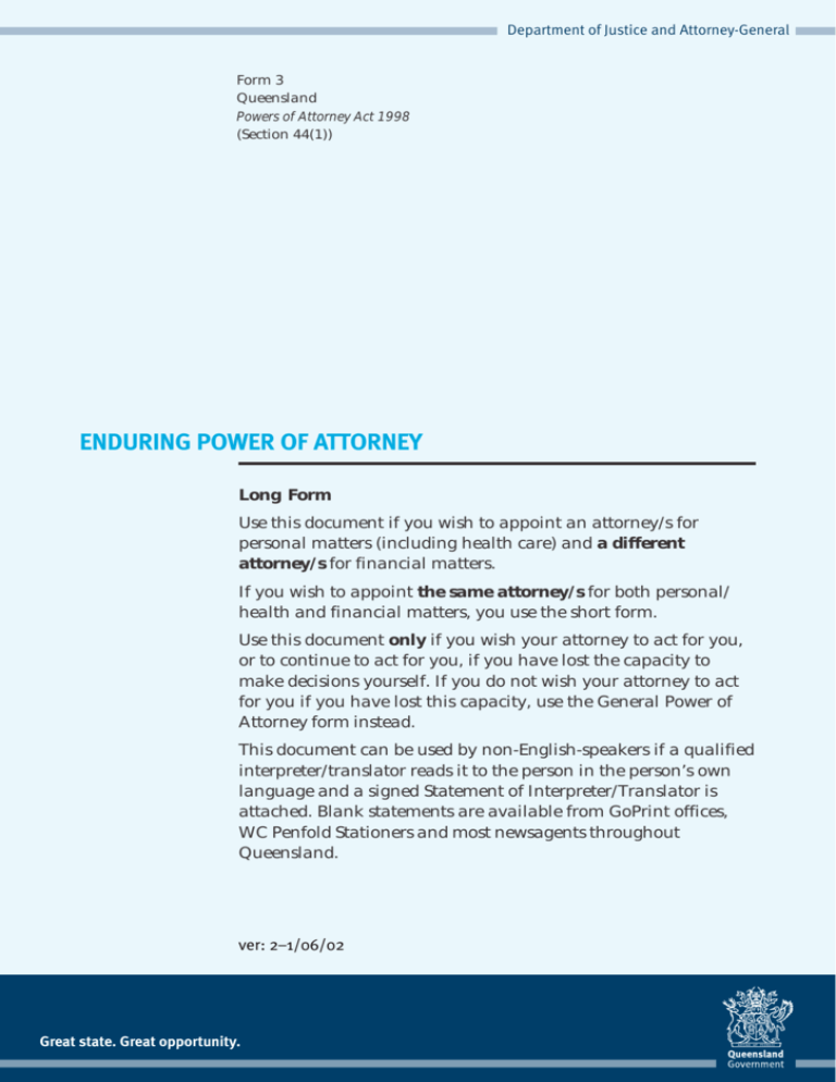 FORM Enduring Power Of Attorney Long Form 