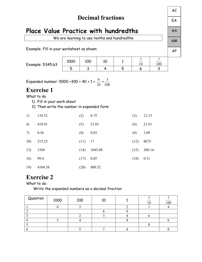 Decimal Fractions Place Value Practice With Hundredths
