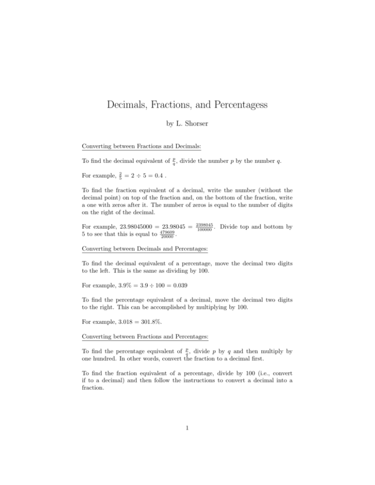 Decimals Fractions And Percentagess Decimals Fractions And Percentagess