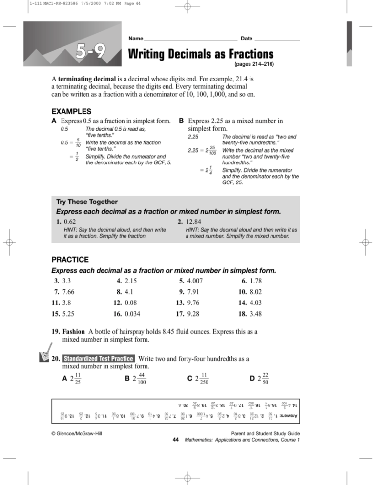 5 9 Writing Decimals As Fractions