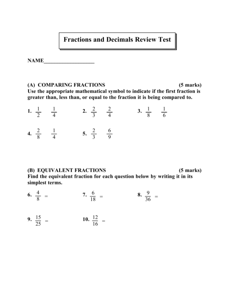 Fractions And Decimals Review Test