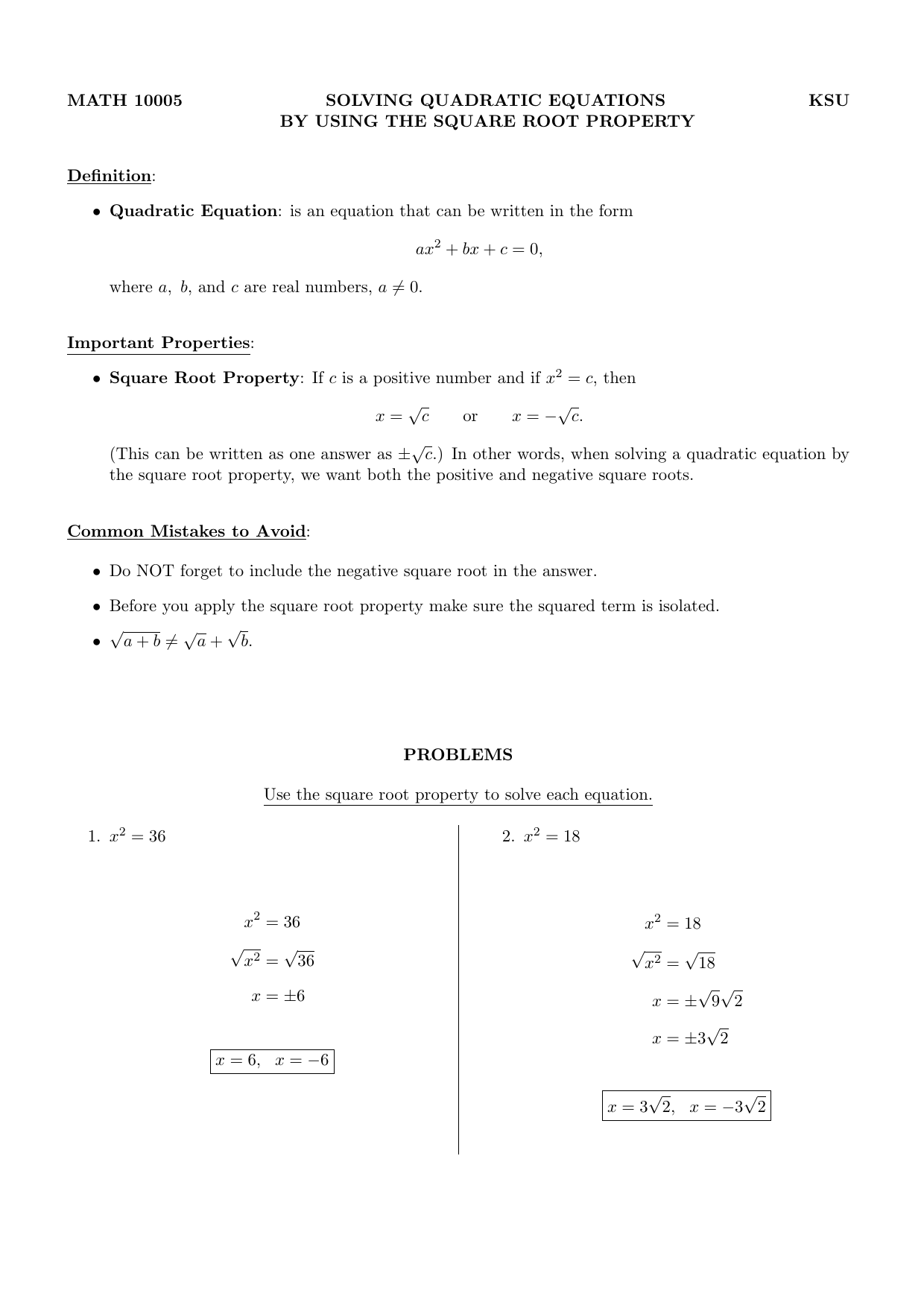 Solving Quadratic Equations By The Square Root Property