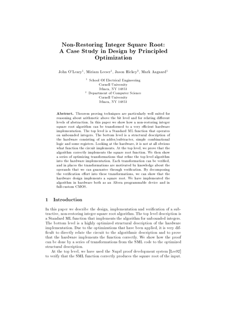 Non Restoring Integer Square Root A Case Study In Design