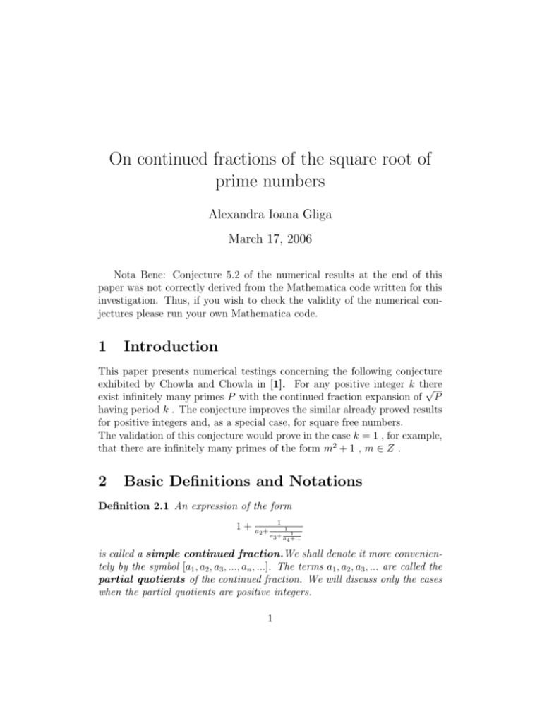 On Continued Fractions Of The Square Root Of Prime Numbers