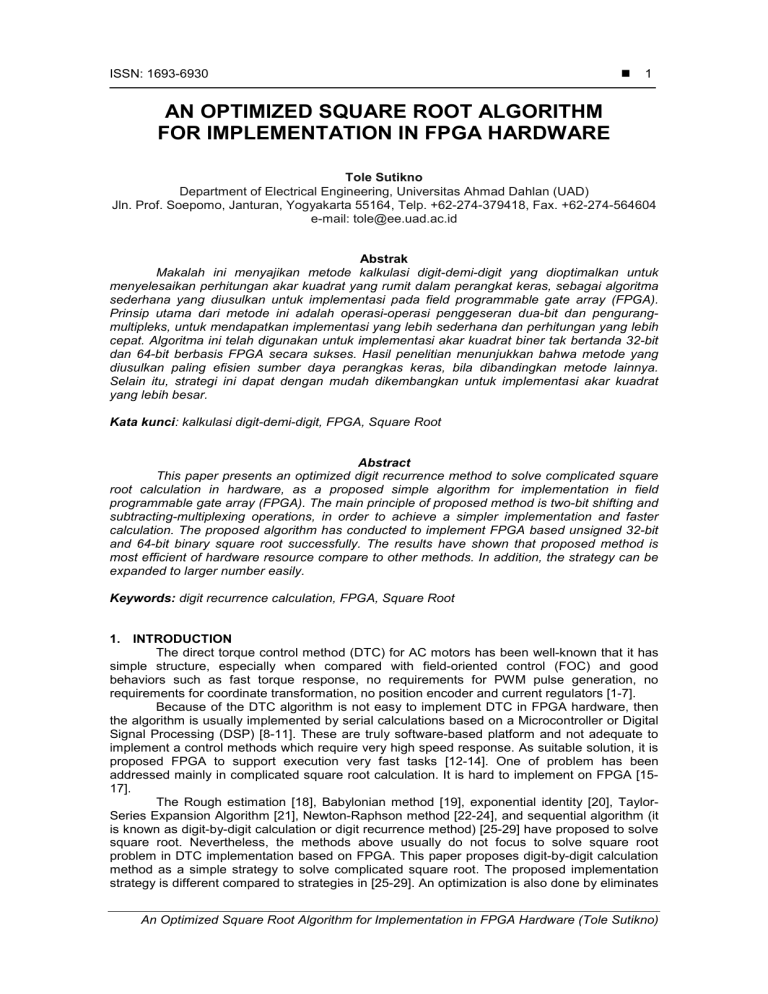 An Optimized Square Root Algorithm For Implementation In