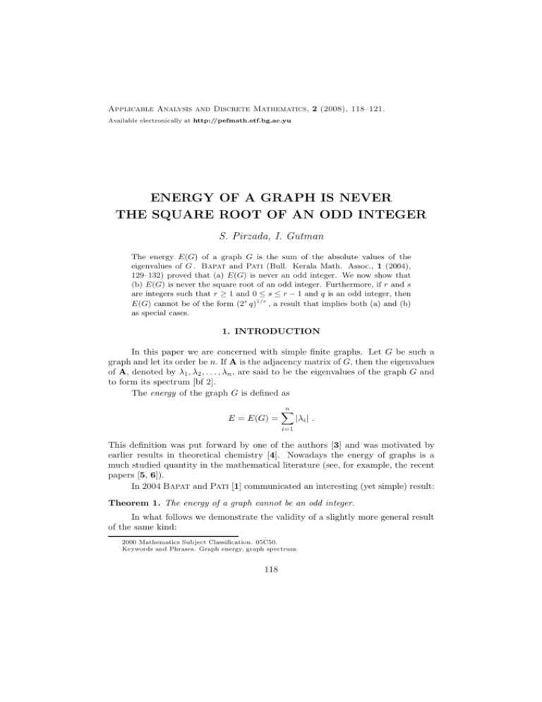 Energy Of A Graph Is Never The Square Root Of An Odd Integer