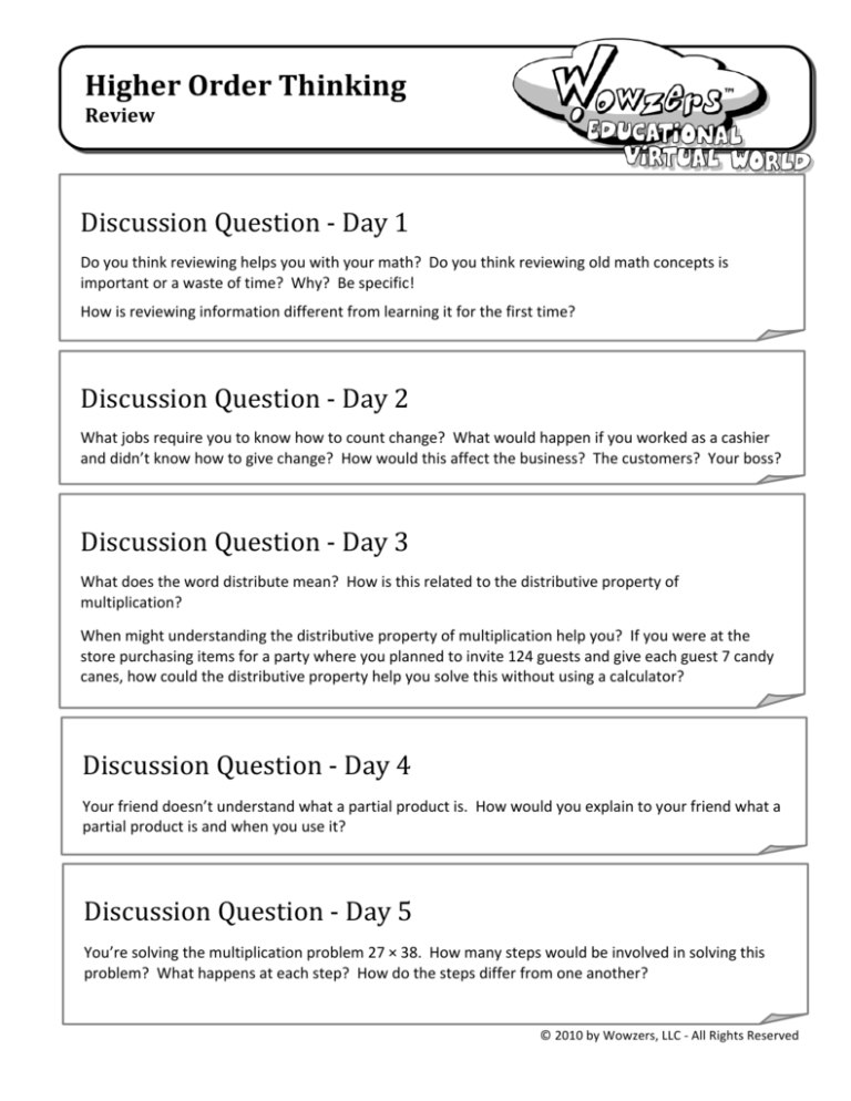 Math Higher Order Thinking Review Questions Math Higher Order Thinking Review Questions