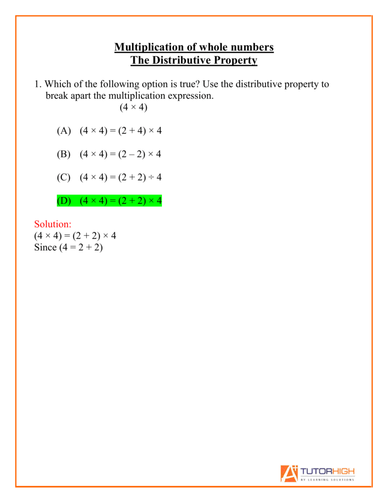 Multiplication Of Whole Numbers The Distributive Property