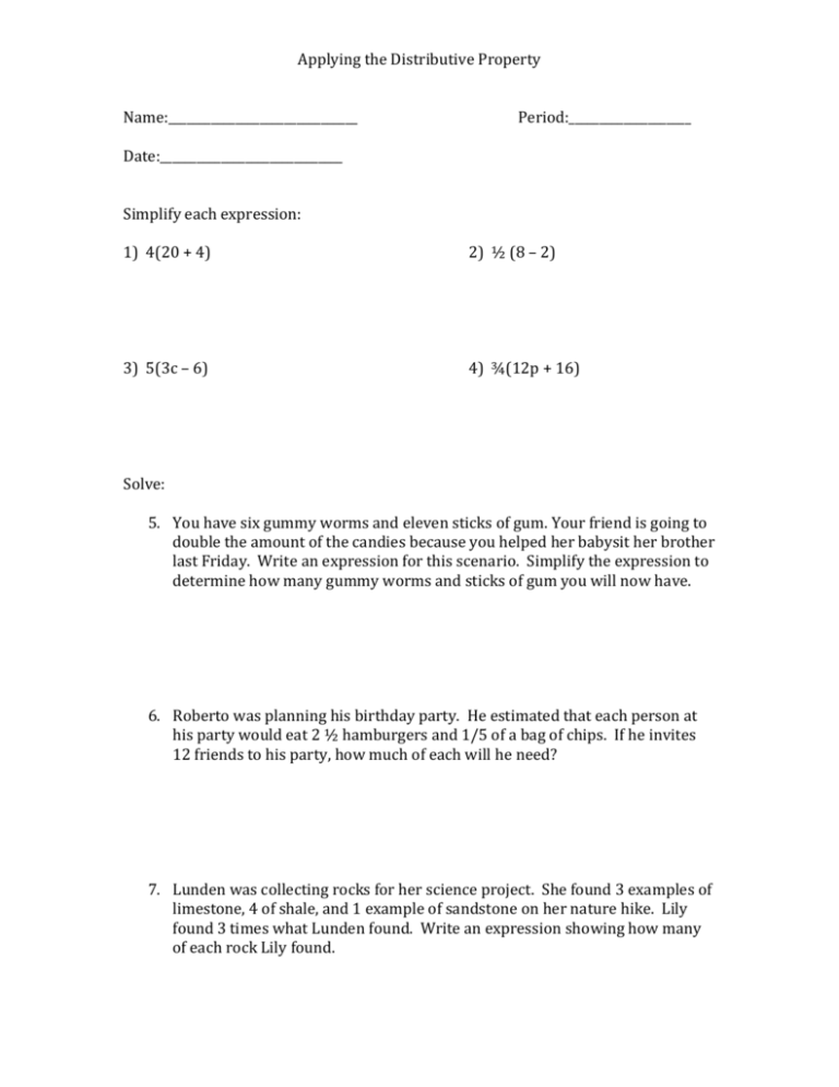 Distributive Property Word Problems Distributive Property Word Problems