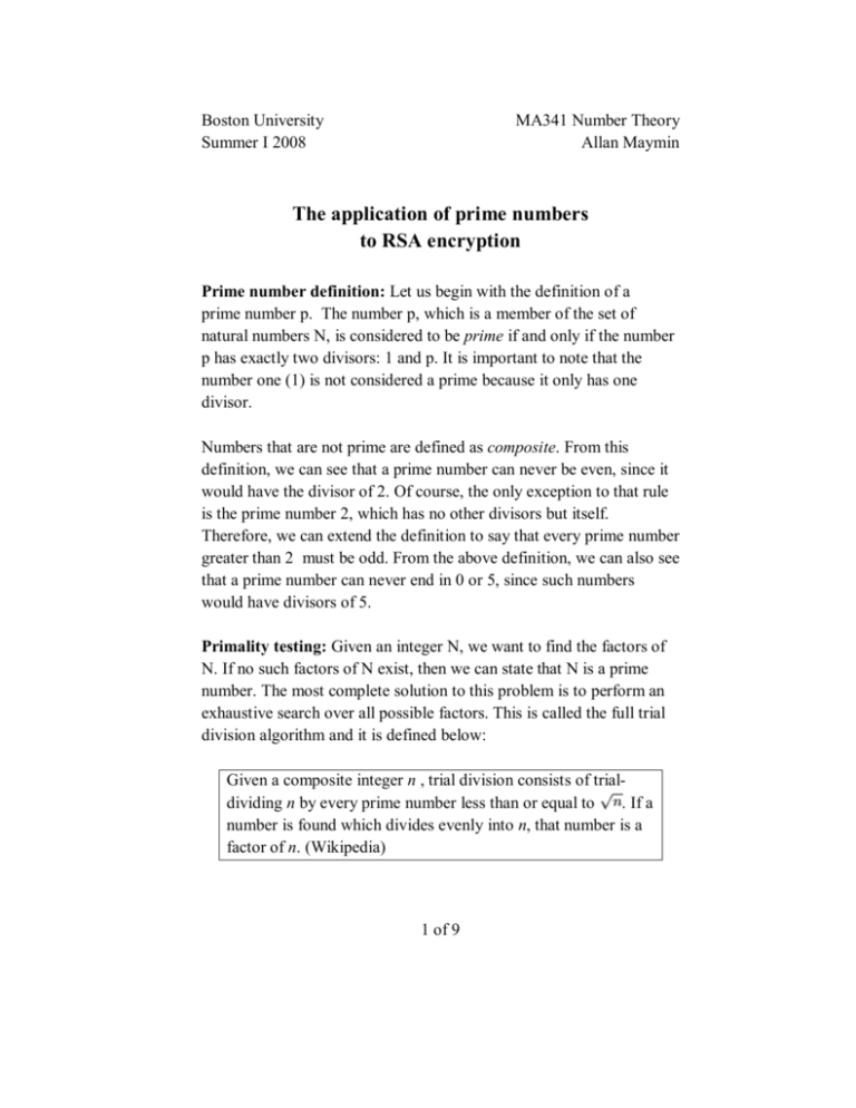 The Application Of Prime Numbers To RSA