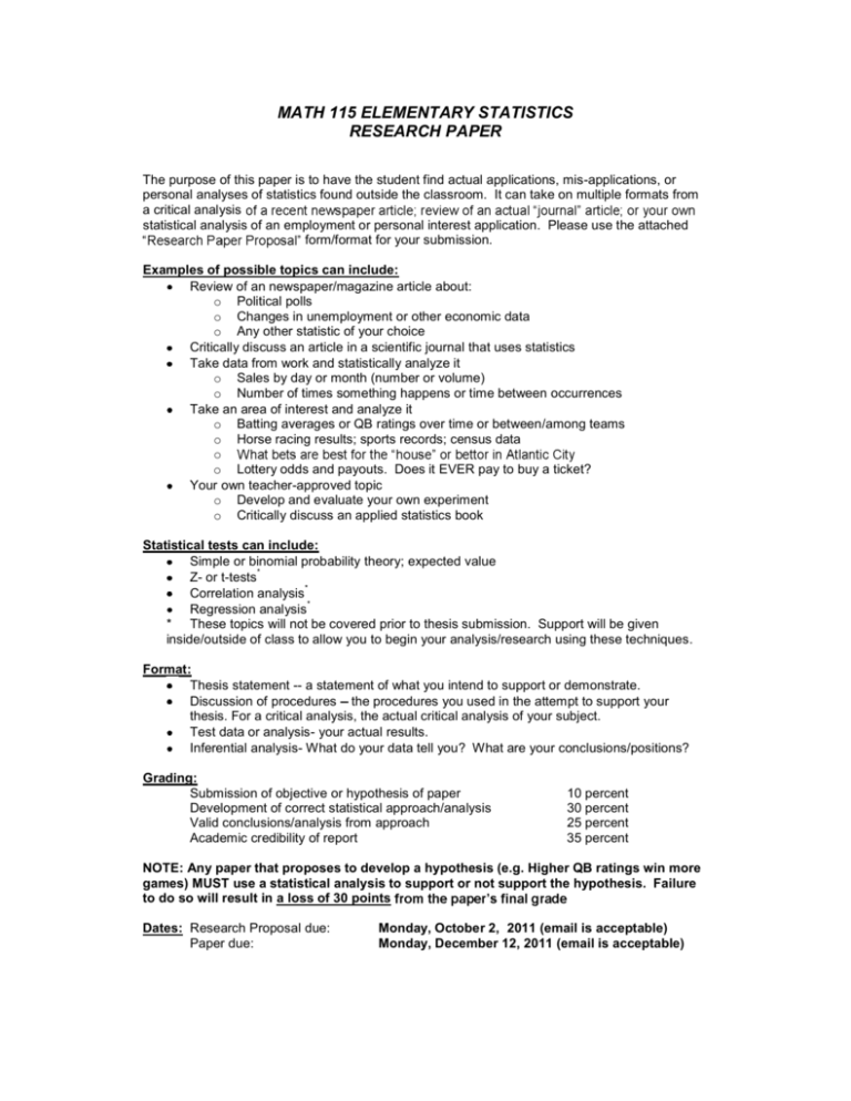 Elementary Statistics Research Paper Assignment Elementary Statistics Research Paper Assignment