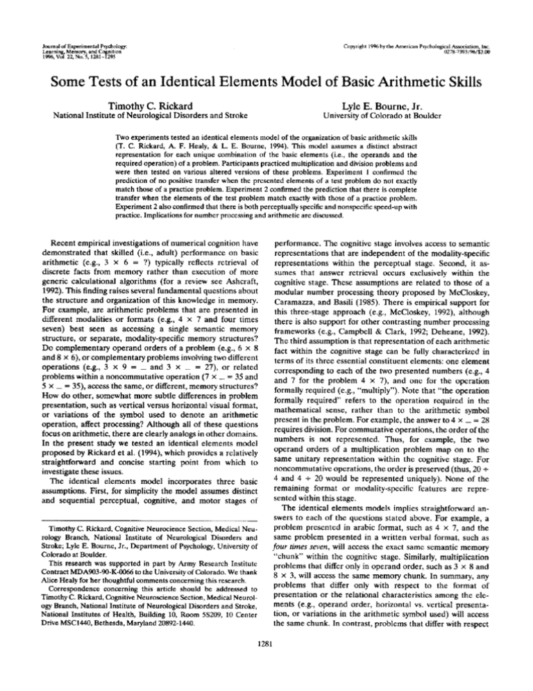 Some Tests Of An Identical Elements Model Of Basic Arithmetic Skills
