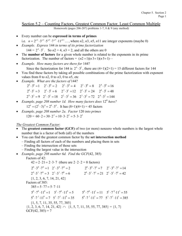 Counting Factors Greatest Common Factor Least Common Multiple