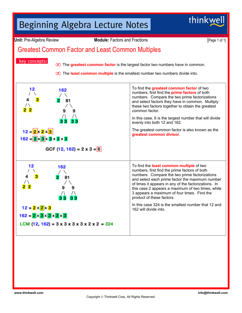 Greatest Common Factor And Least Common Multiples