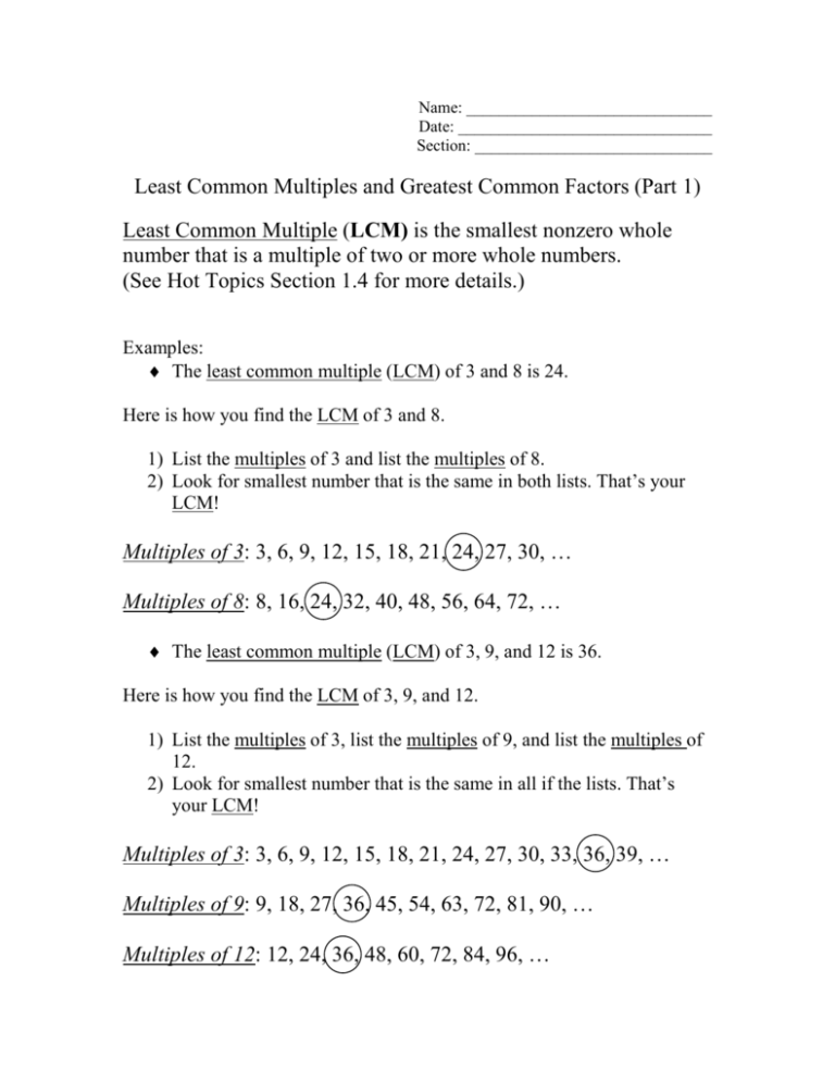 Least Common Multiples And Greatest Common Factors Part 1