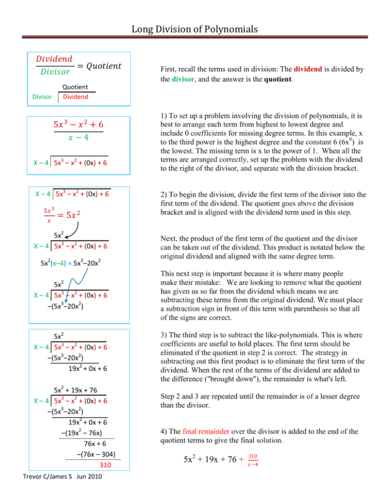 1 Long Division Of Polynomials 1 Long Division Of Polynomials