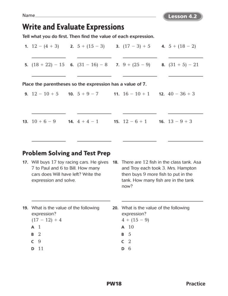 Write And Evaluate Expressions