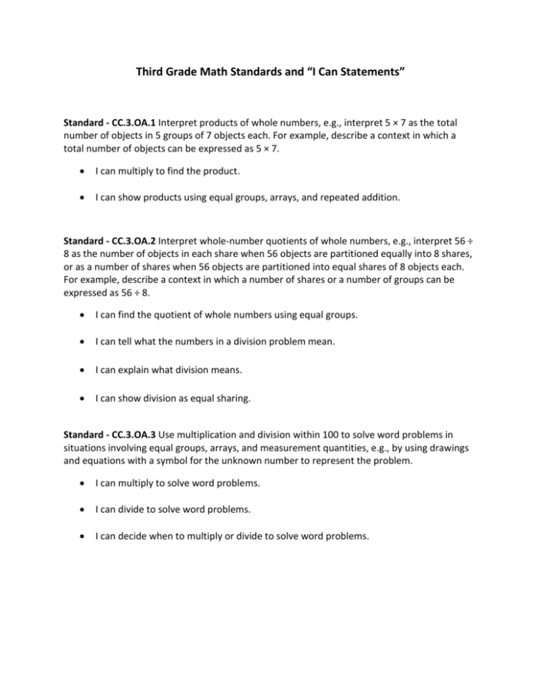 Third Grade Math Standards And I Can Statements 