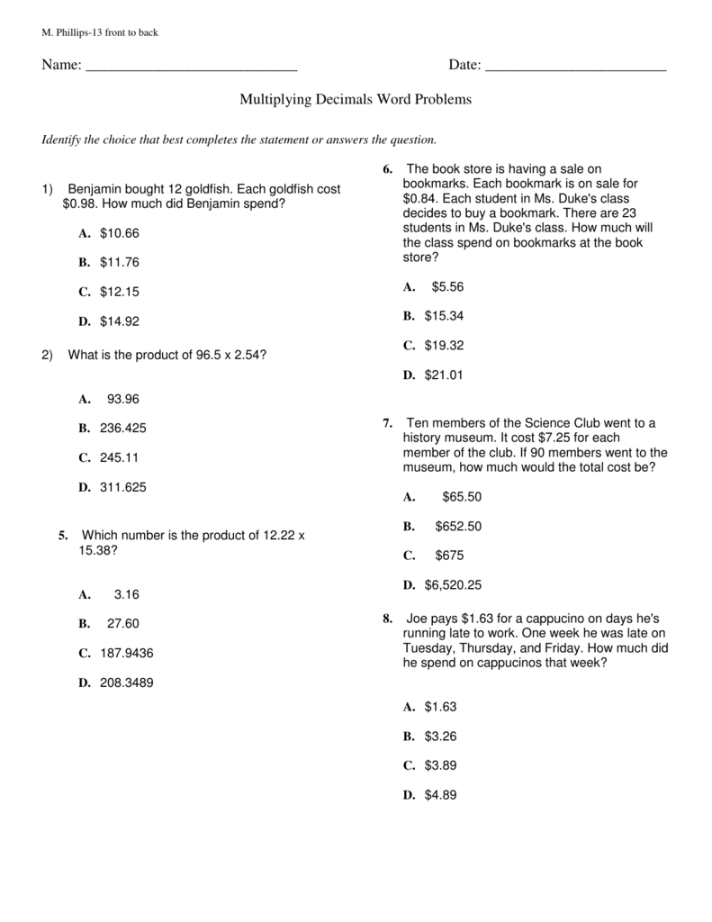 Multiplying Decimals Word Problems