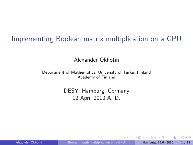 Implementing Boolean Matrix Multiplication On A GPU