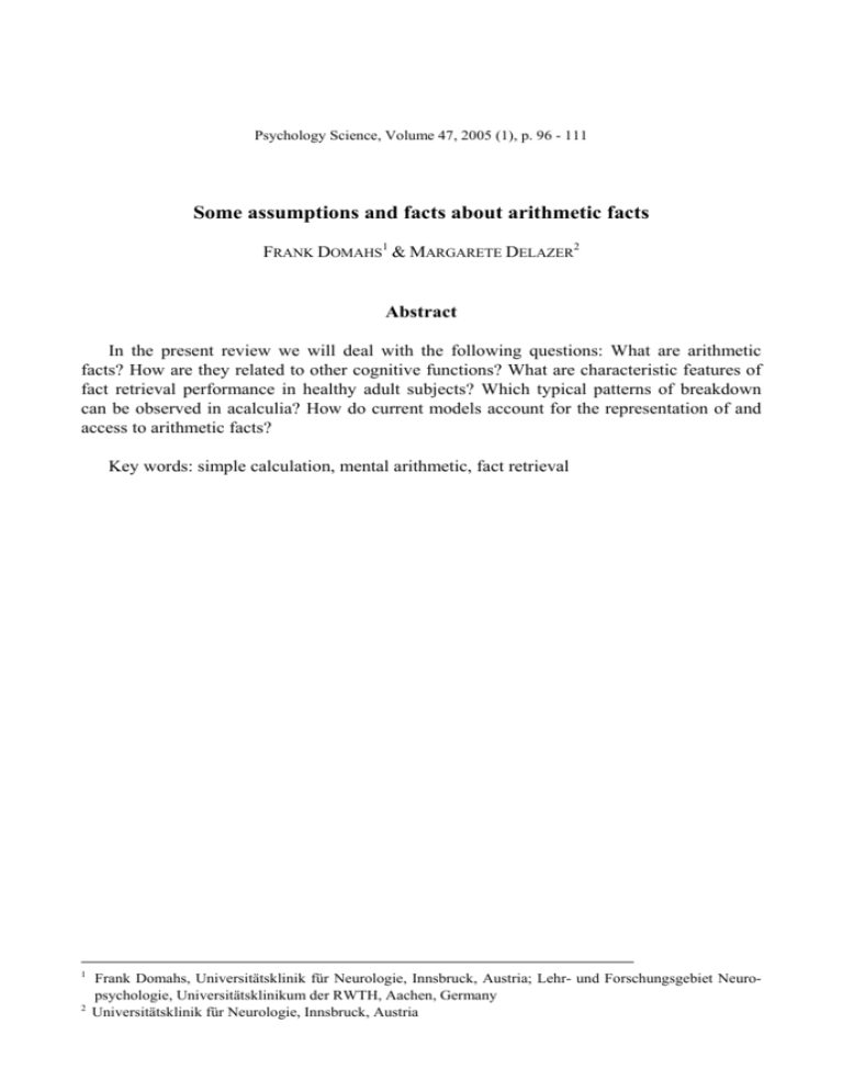 Some Assumptions And Facts About Arithmetic Facts