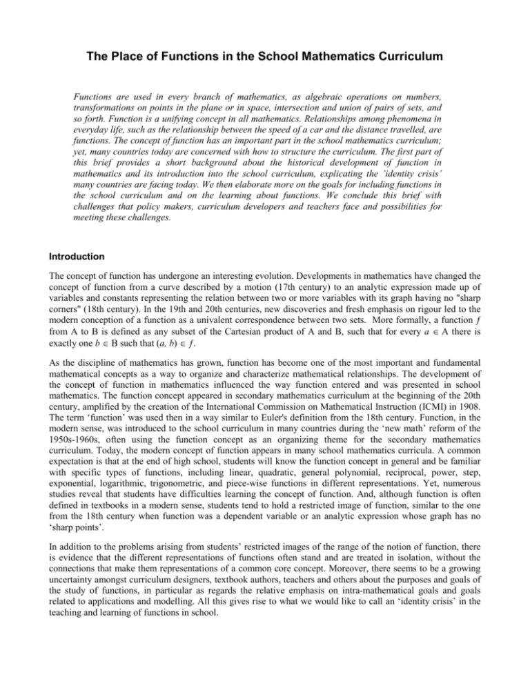 The Place Of Functions In The School Mathematics Curriculum